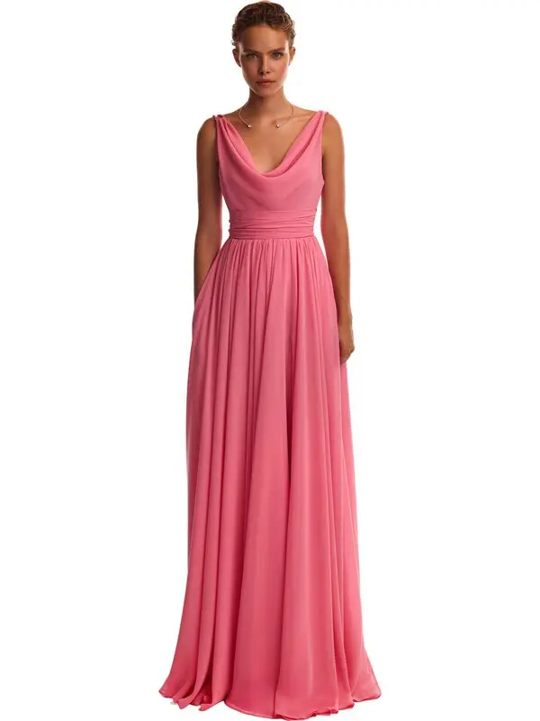 MILLA Pleated Maxi Chiffon Dress - Pink