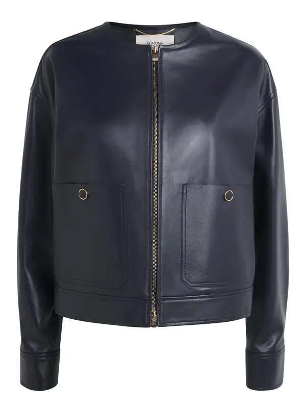 Agnona Lambskin Cropped Bomber Jacket - Navy