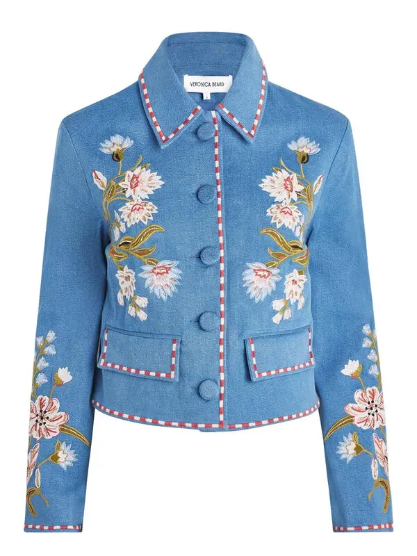 Veronica Beard Embroidered Tailored Denim Jacket - Blue