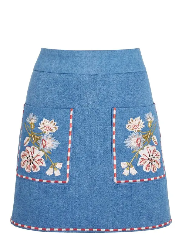 Veronica Beard Denim Embroidered Mini Skirt - Blue