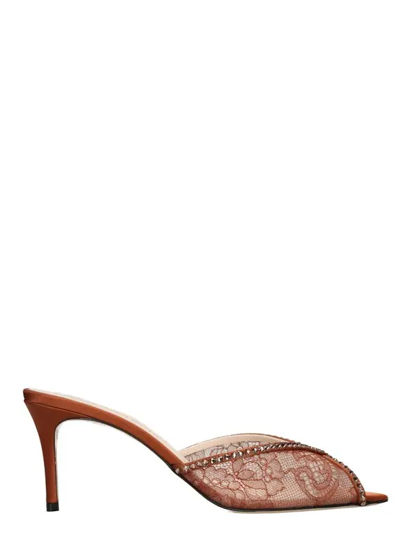 ANDREA WAZEN Embellished Lace Katy Heeled Mules - Brown