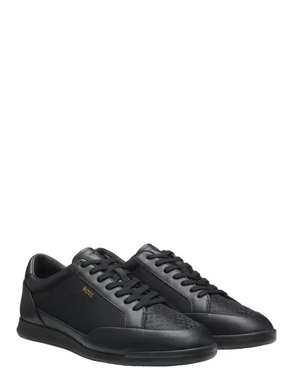 BOSS Leather Sneakers With Monogram Panel - Black