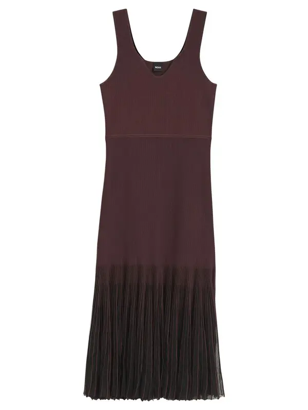 BOSS Rib-knit Dress With Pleated Detailing - Dark Brown