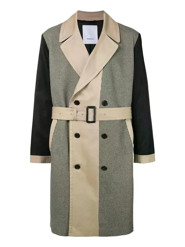 PORTS V Houndstooth Panelled Trench Coat - Grey