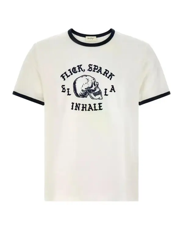 SECOND / LAYER Flick, Spark, Inhale Ringer Skull-print Ringer T-shirt - Neutrals