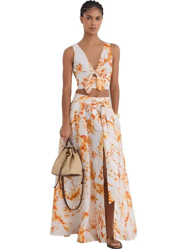 REISS Milly Linen Floral-print Maxi Skirt - Ivory/orange