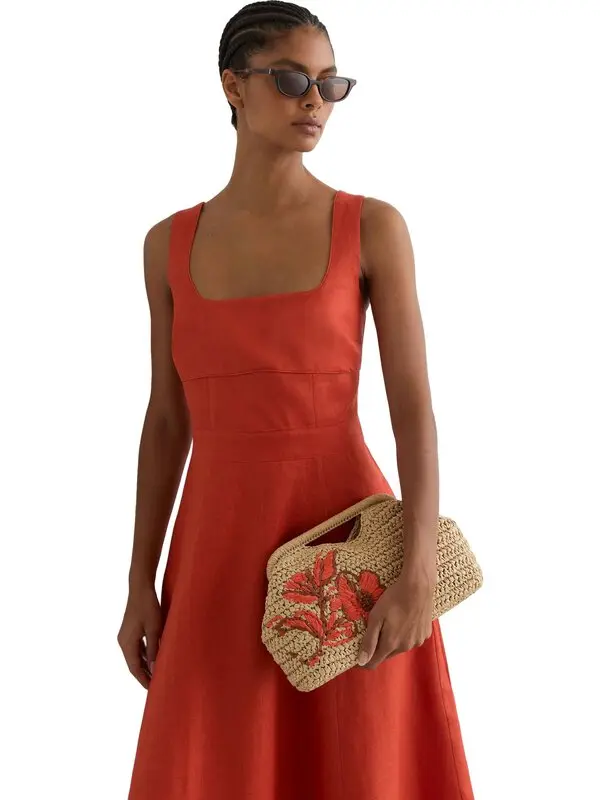 REISS Gina Raffia-effect Embroidered Clutch Bag - Natural