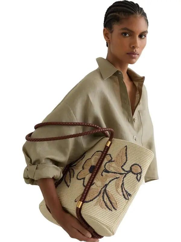 REISS Rae Raffia-effect Embroidered Tote - Natural