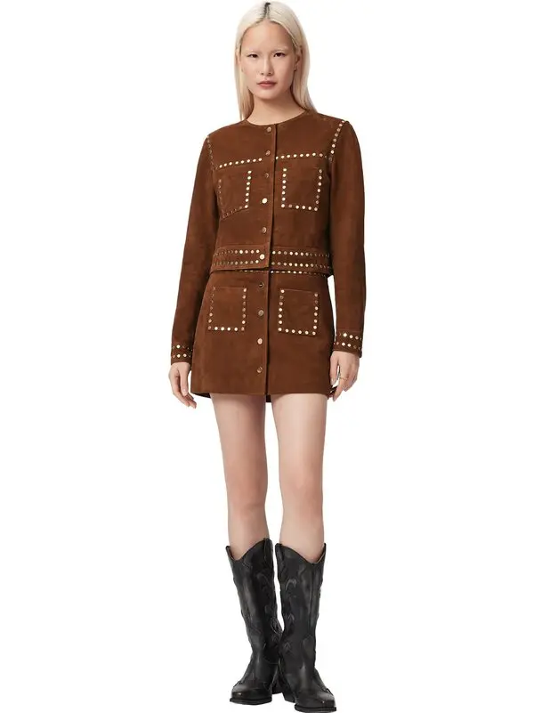 ALLSAINTS Alice Suede Studded Trucker Jacket - Brown