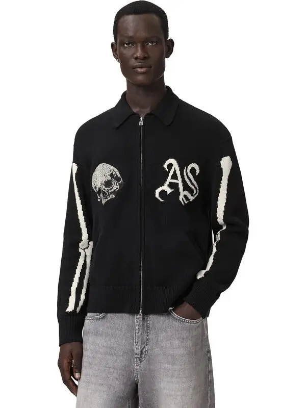 ALLSAINTS Adrian Zip Up Embroidered Knitted Cardigan - Black