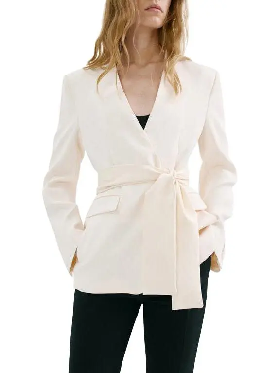 Mango Collarless Tie Waist Jacket With Scarf - Ecru