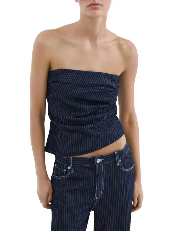 Mango Isola Pinstripe Denim Strapless Top - Indigo Blue