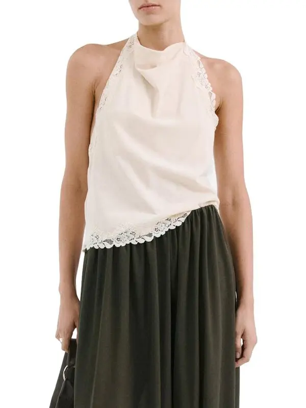 Mango Draped Cotton Halter Top With Lace Detail - Ecru