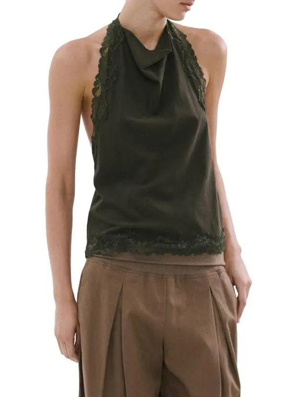 Mango Draped Cotton Halter Top With Lace Detail - Khaki Green