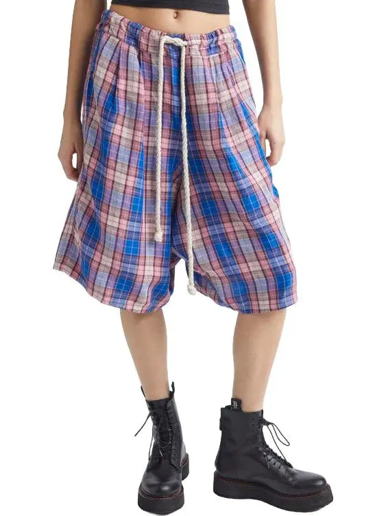 R13 Plaid Pleated Drawstring Shorts - Blue Pink Plaid