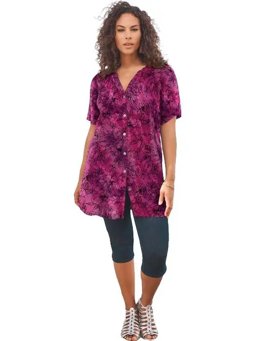 ROAMAN'S Angelina Crinkle Crepe Y-neck Tunic - Berry Tie Dye Floral