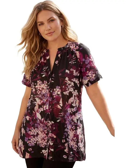 ROAMAN'S Angelina Crinkle Crepe Y-neck Tunic - Black Berry Garden