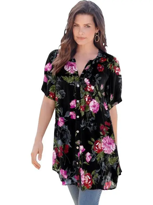 ROAMAN'S Angelina Crinkle Crepe Y-neck Tunic - Black Painted Floral