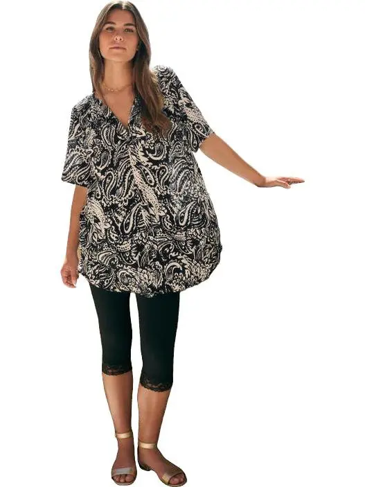 ROAMAN'S Angelina Crinkle Crepe Y-neck Tunic - Black Paisley Graphic