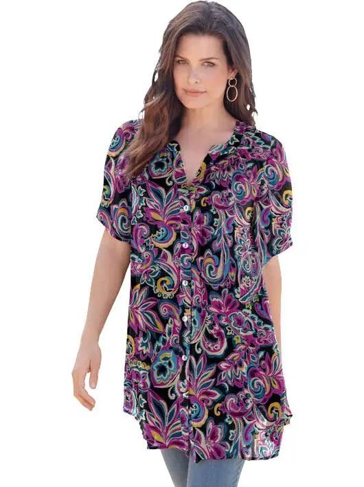 ROAMAN'S Angelina Crinkle Crepe Y-neck Tunic - Black Paisley