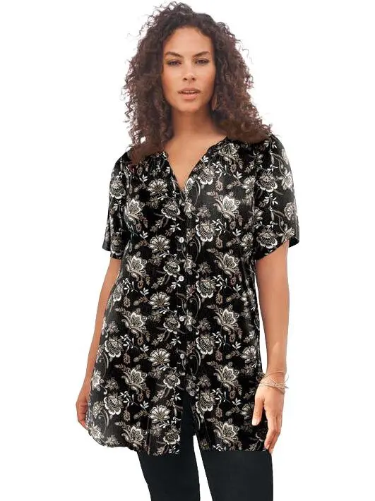 ROAMAN'S Angelina Crinkle Crepe Y-neck Tunic - Black Porcelain Floral