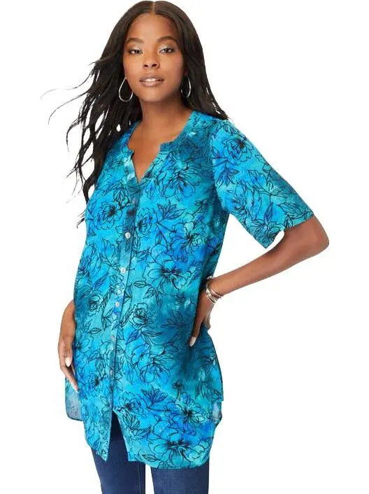 ROAMAN'S Angelina Crinkle Crepe Y-neck Tunic - Deep Turquoise Tie Dye Floral