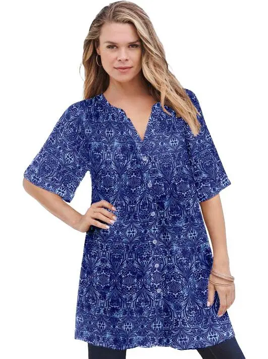 ROAMAN'S Angelina Crinkle Crepe Y-neck Tunic - Dusty Indigo Scroll