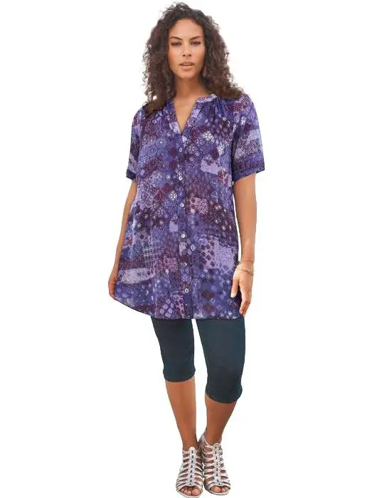 ROAMAN'S Angelina Crinkle Crepe Y-neck Tunic - Grape Stencil Geo