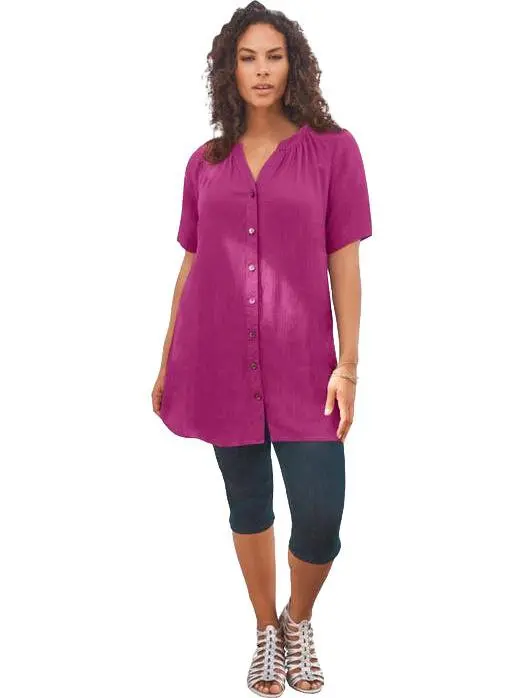 Roaman's Angelina Crinkle Crepe Y-neck Short Sleeve Tunic - Indigo