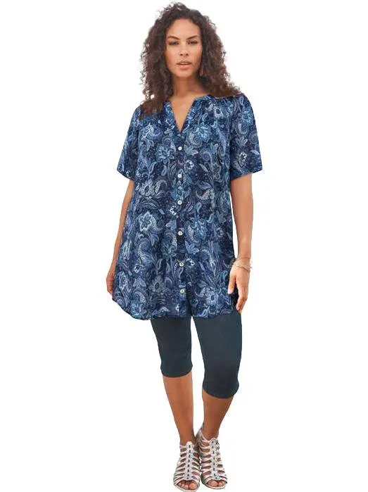 ROAMAN'S Angelina Crinkle Crepe Y-neck Tunic - Navy Paisley Floral Print