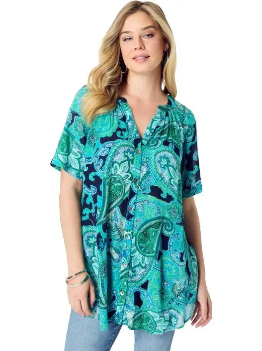 ROAMAN'S Angelina Crinkle Crepe Y-neck Tunic - Ocean Mixed Paisley