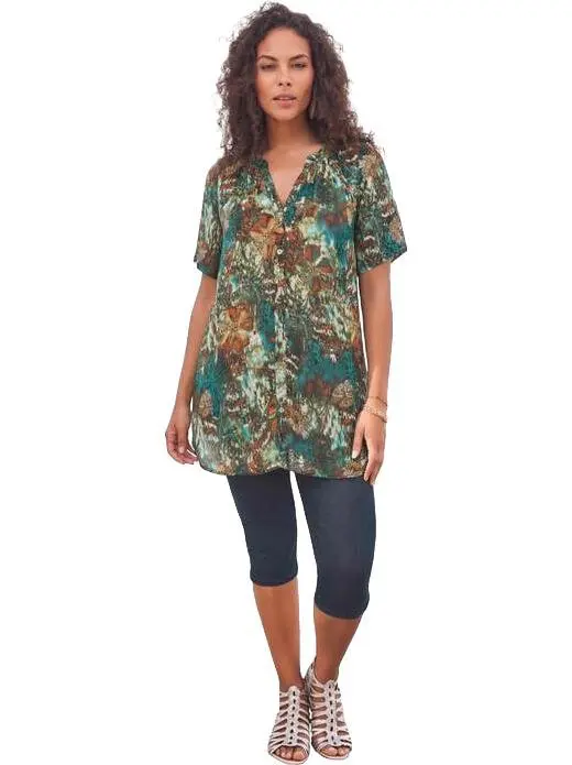 ROAMAN'S Angelina Crinkle Crepe Y-neck Tunic - Orange Painted Flowers