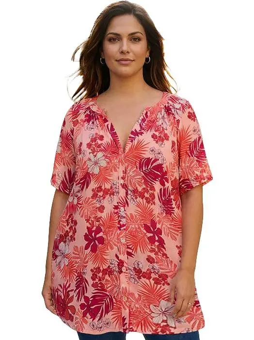 ROAMAN'S Angelina Crinkle Crepe Y-neck Tunic - Soft Blush Tropical Floral
