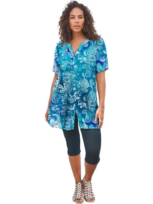 ROAMAN'S Angelina Crinkle Crepe Y-neck Tunic - Teal Tie Dye Paisley