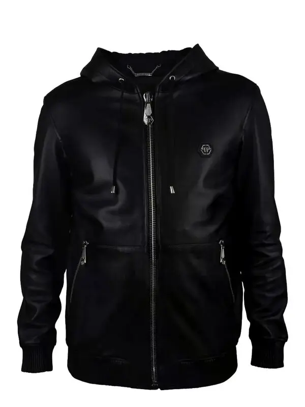 Philipp Plein Hooded Logo Leather Jacket - Black