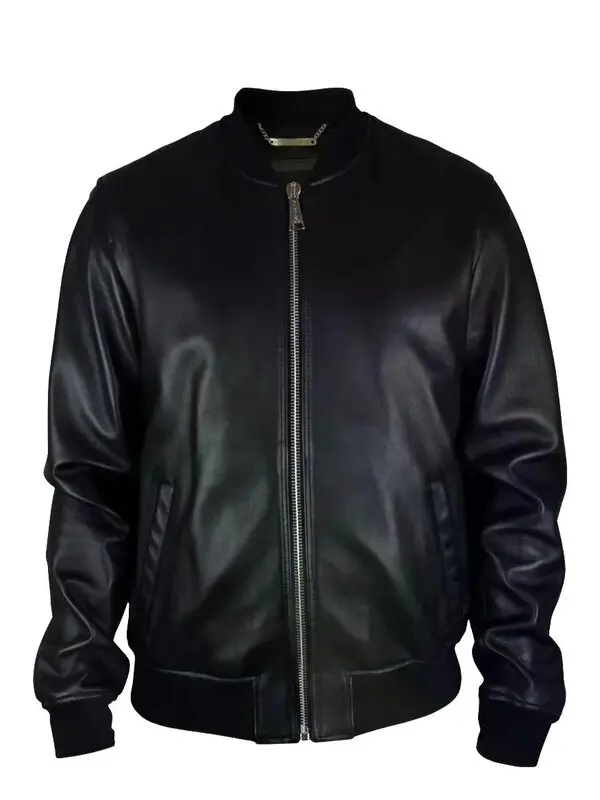 Philipp Plein Leather Bomber Jacket With Embroidered Back Detail - Black