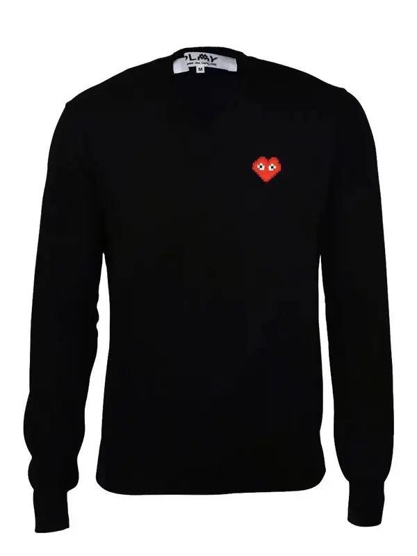 Play Comme Des Garcon V-neck Wool Sweater With Heart Detail - Black