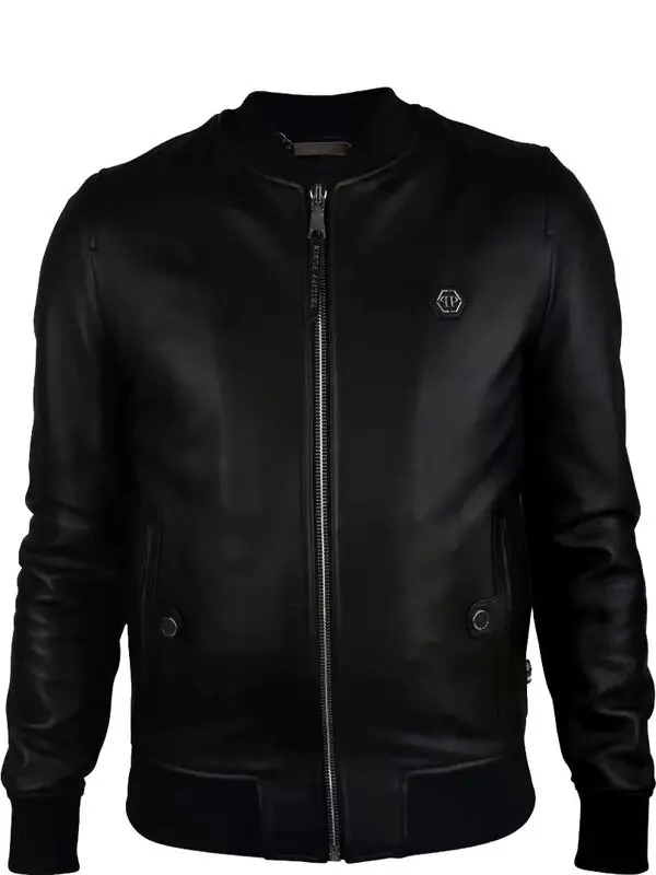 Philipp Plein Logo Button Leather Bomber Jacket - Black