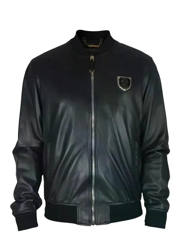 Philipp Plein Leather Bomber Jacket With Logo Plaque - Black