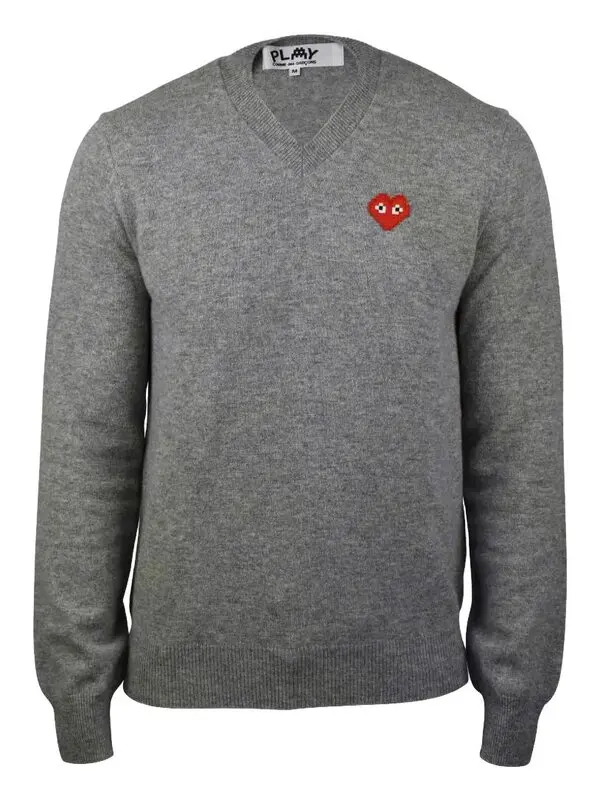 Comme Des Garçons V-neck Sweater With Heart Embellishment - Grey