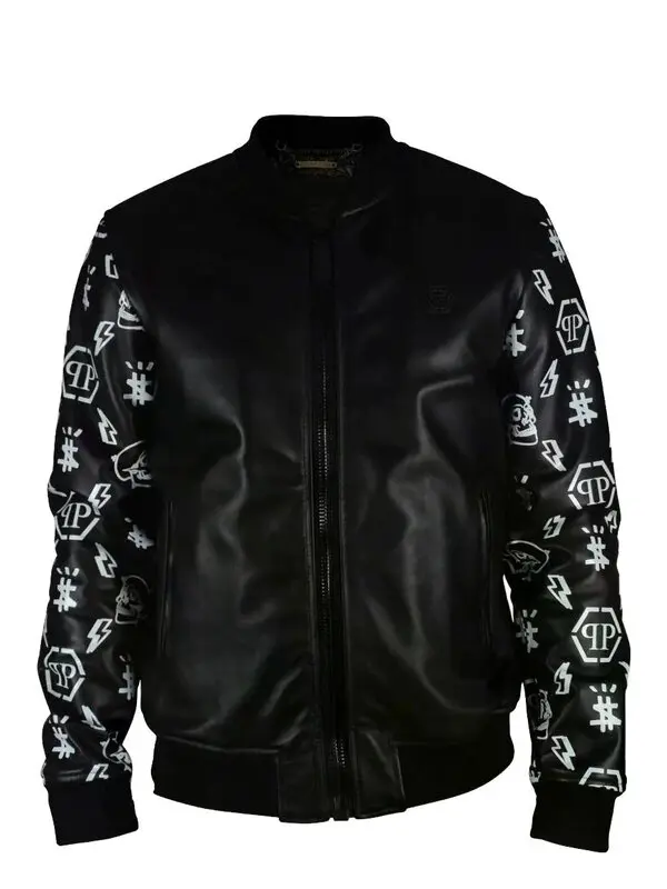 Philipp Plein Leather Bomber Jacket With Graphic Print Sleeves - Black
