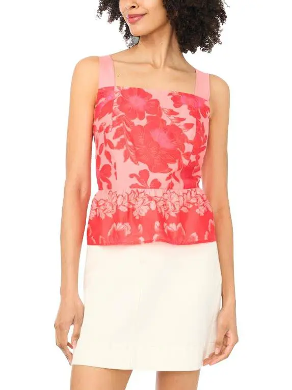 Vince Camuto Floral Cotton Peplum Top - Lobster Red