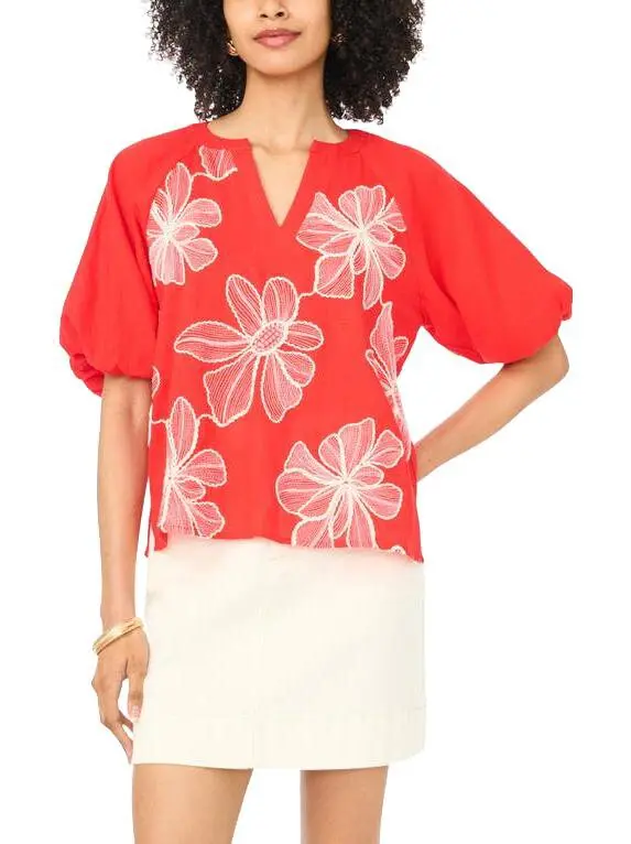 Vince Camuto Puff Sleeve Floral Print Top - Lobster Red