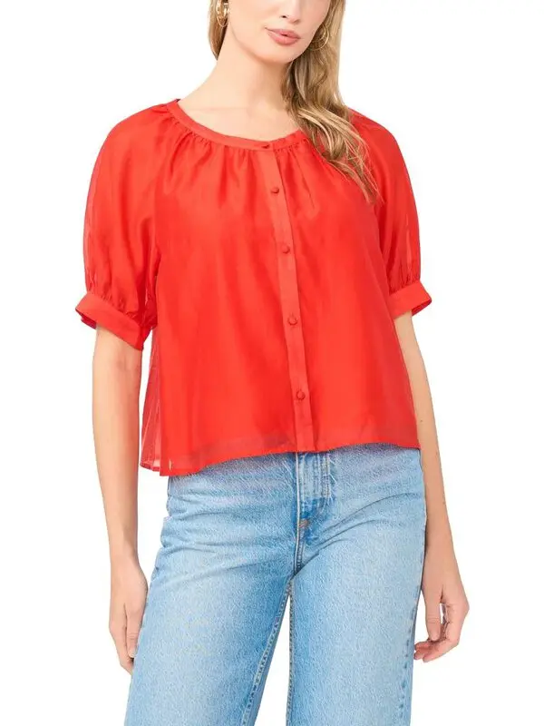 Vince Camuto Puff Sleeve Button Front Top - Lobster Red