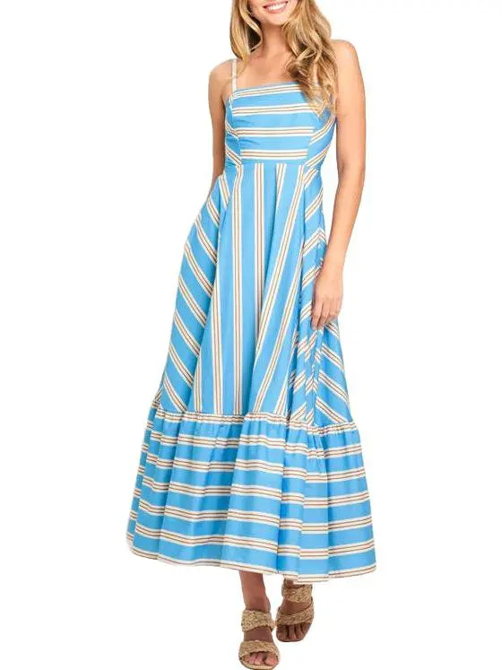 FLYING TOMATO Directional Stripe Cotton Midi Dress - Light Blue