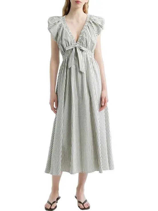 FREEMARKET Striped Plunge Neck Cotton Dress - White/black
