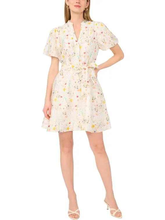 Vince Camuto Floral Puff Sleeve A-line Dress - Ultra White