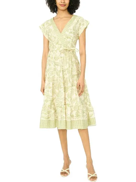 Vince Camuto Printed Tie Waist Midi Dress - Sage