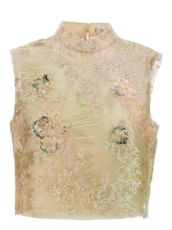 HUI MILANO Sequin-embellished Floral-embroidered Top - Neutrals