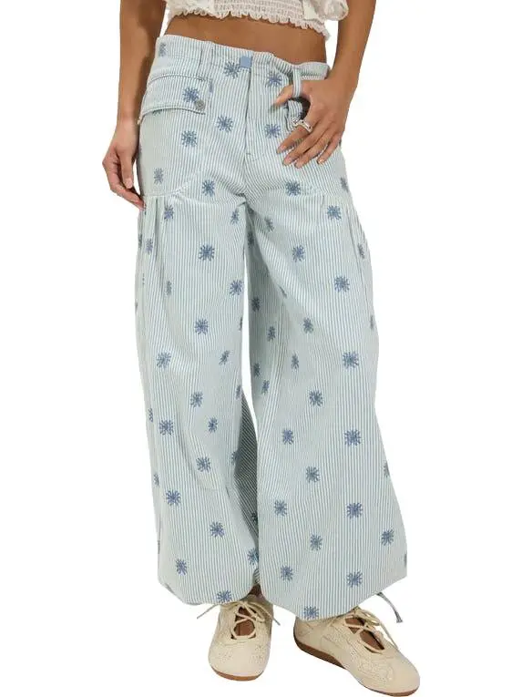 Free People Lotus Embroidered Railroad Stripe Balloon Jeans - Indigo Railroad